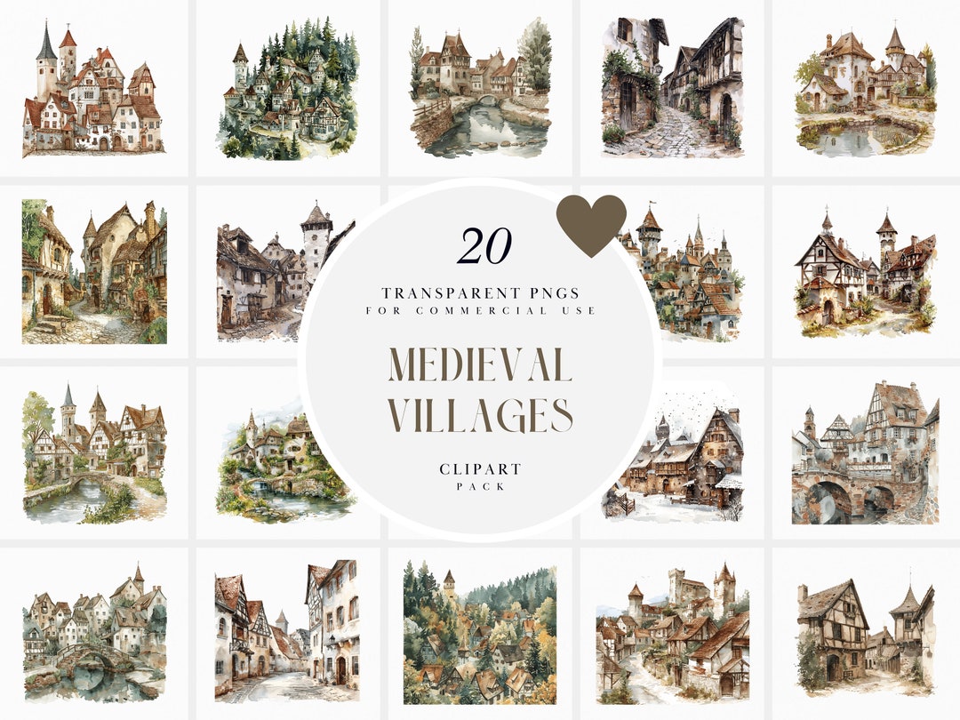 Watercolor Medieval Village Clipart, European Village Clipart, Middle ...