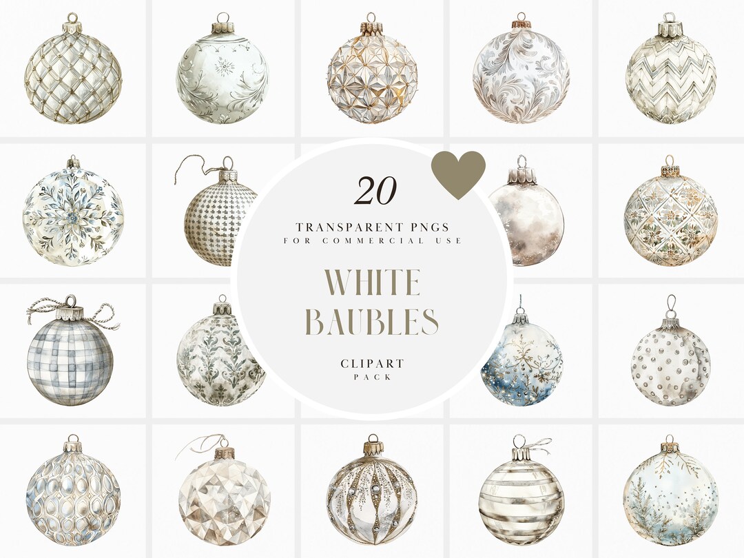 Watercolor White Baubles, Christmas Globes, Christmas Tree Ornaments ...