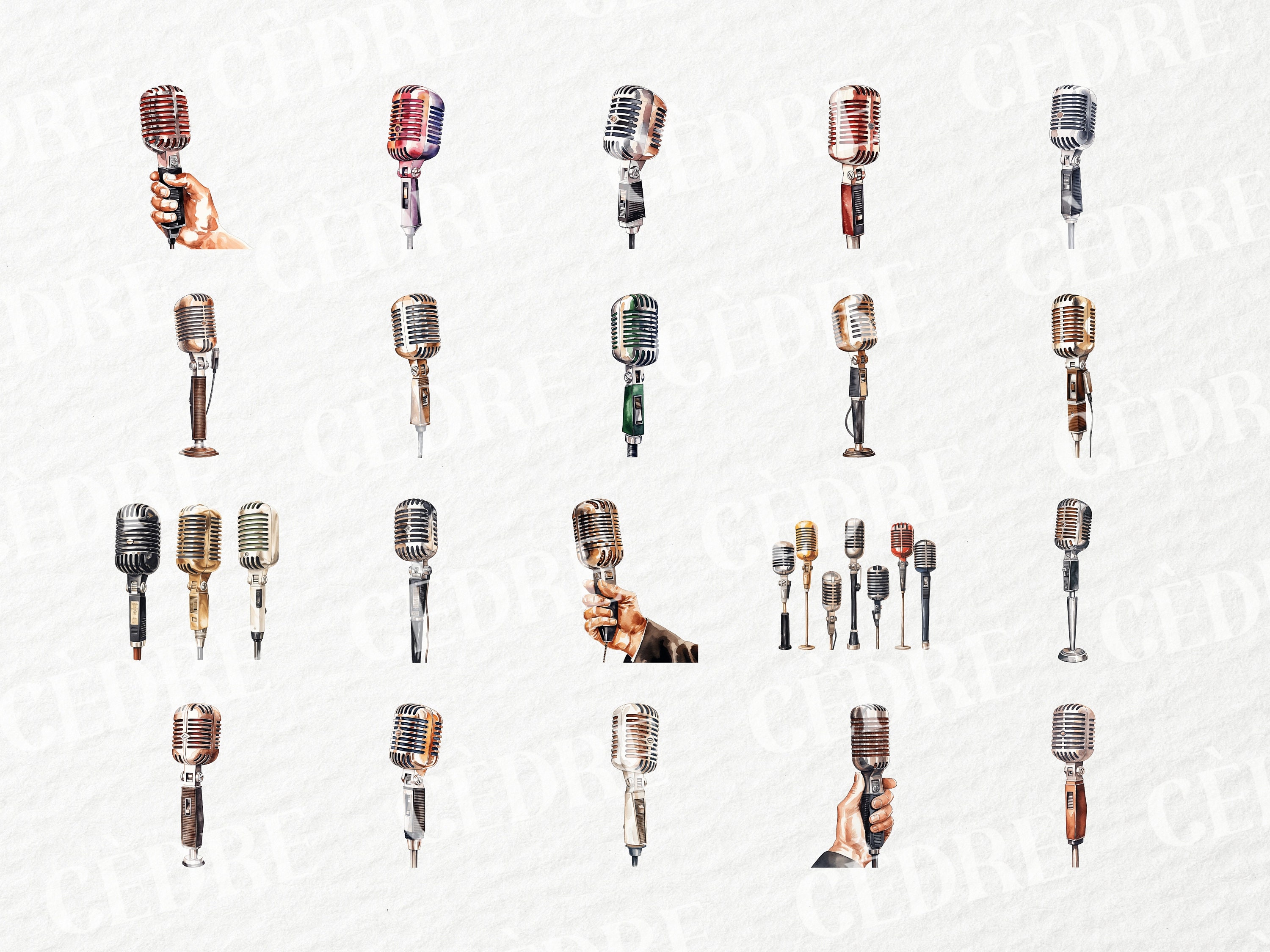 Watercolor Retro Microphone Clipart, Vintage, Audio, Radio, Music ...