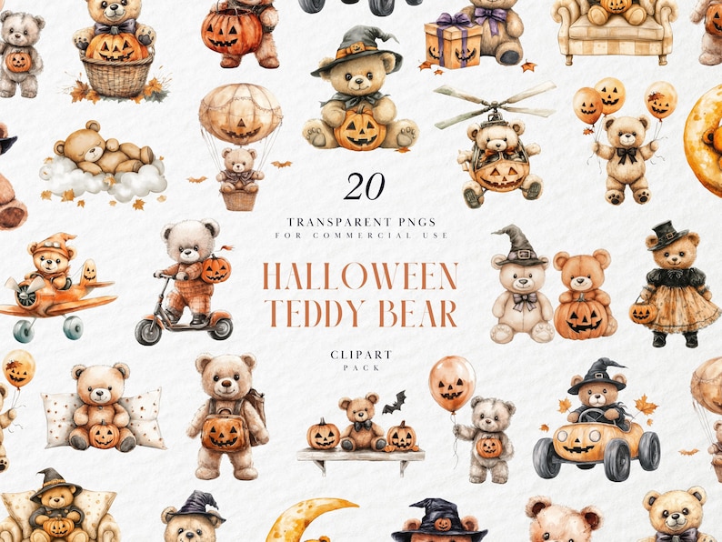 Watercolor Halloween Teddy Bear Clipart, Cute Jack O Lantern Plushy ...