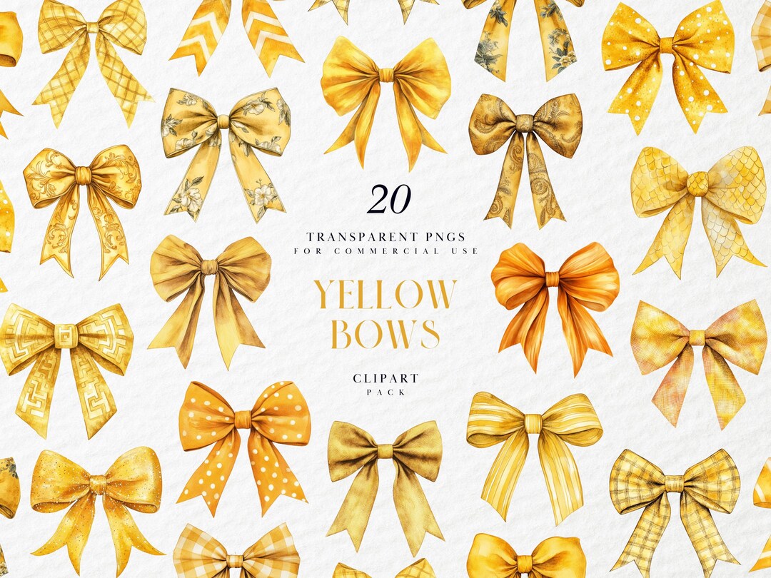 Watercolor Yellow Bow Clipart, Hair Bows Clipart, Yellow Ribbon Clipart ...