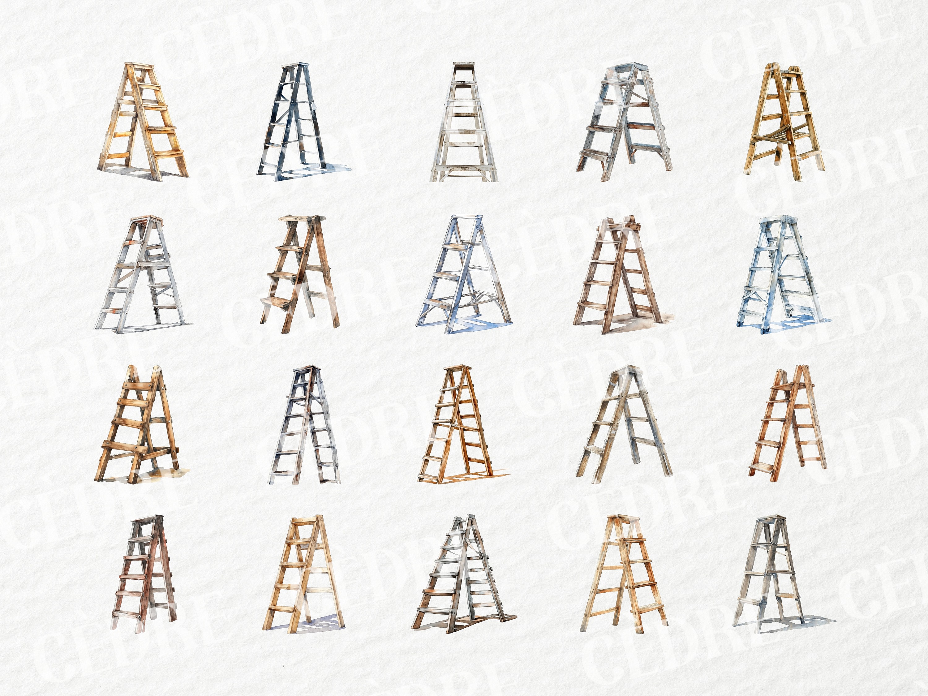 Watercolor Ladder Clipart, Construction Wooden Ladder Clipart, Metal ...