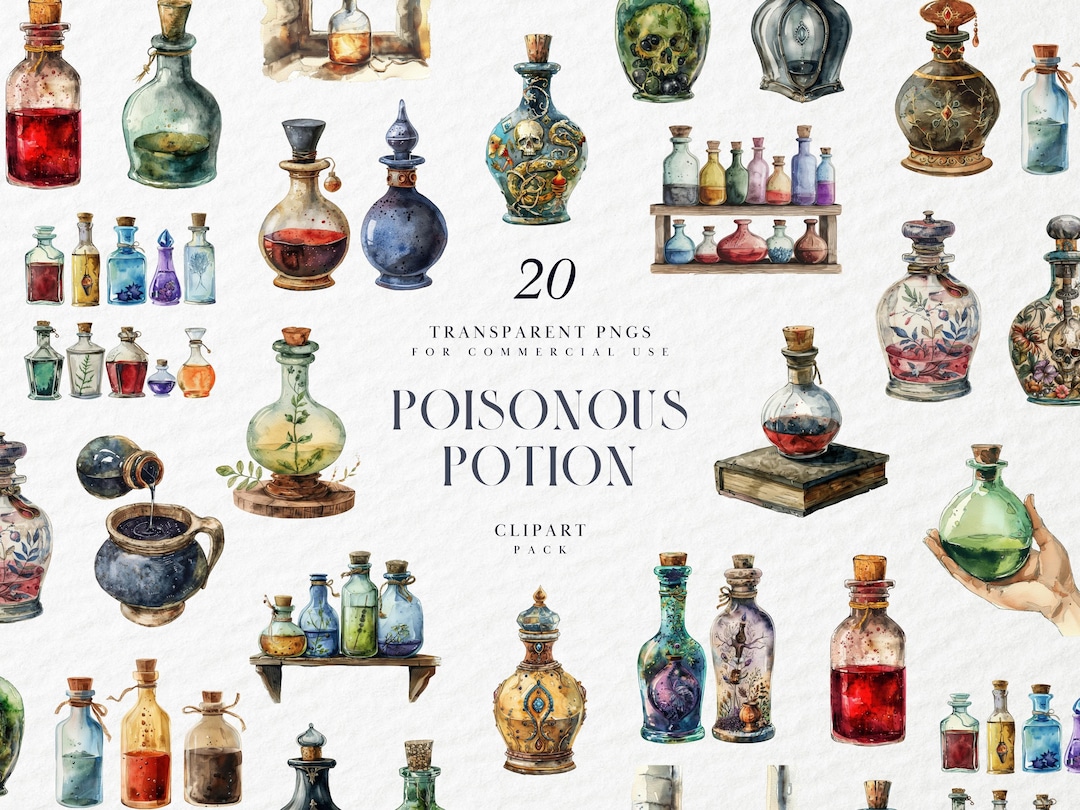 Watercolor Poisonous Potion Bottle Clipart, Antique Gothic Bottles ...