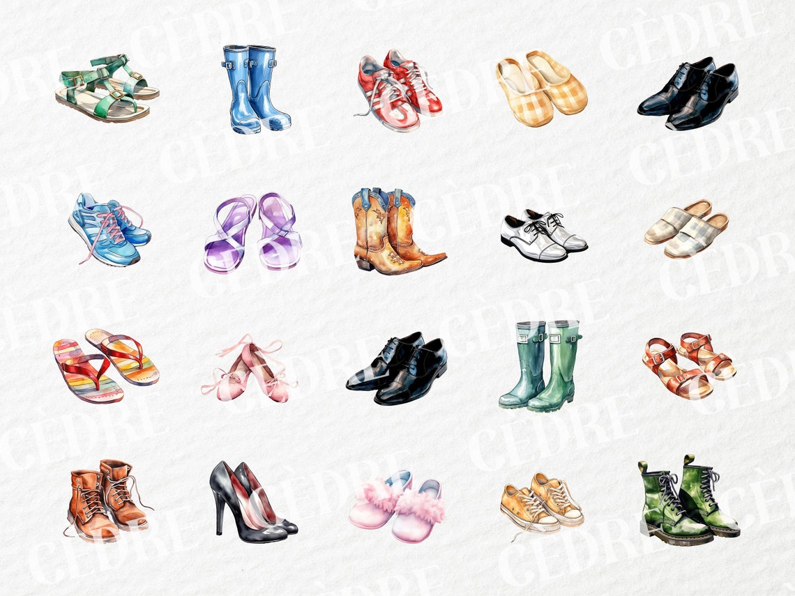 Watercolor Modern Shoes Clipart, Shoe Collection Clipart, Boots, Heels ...