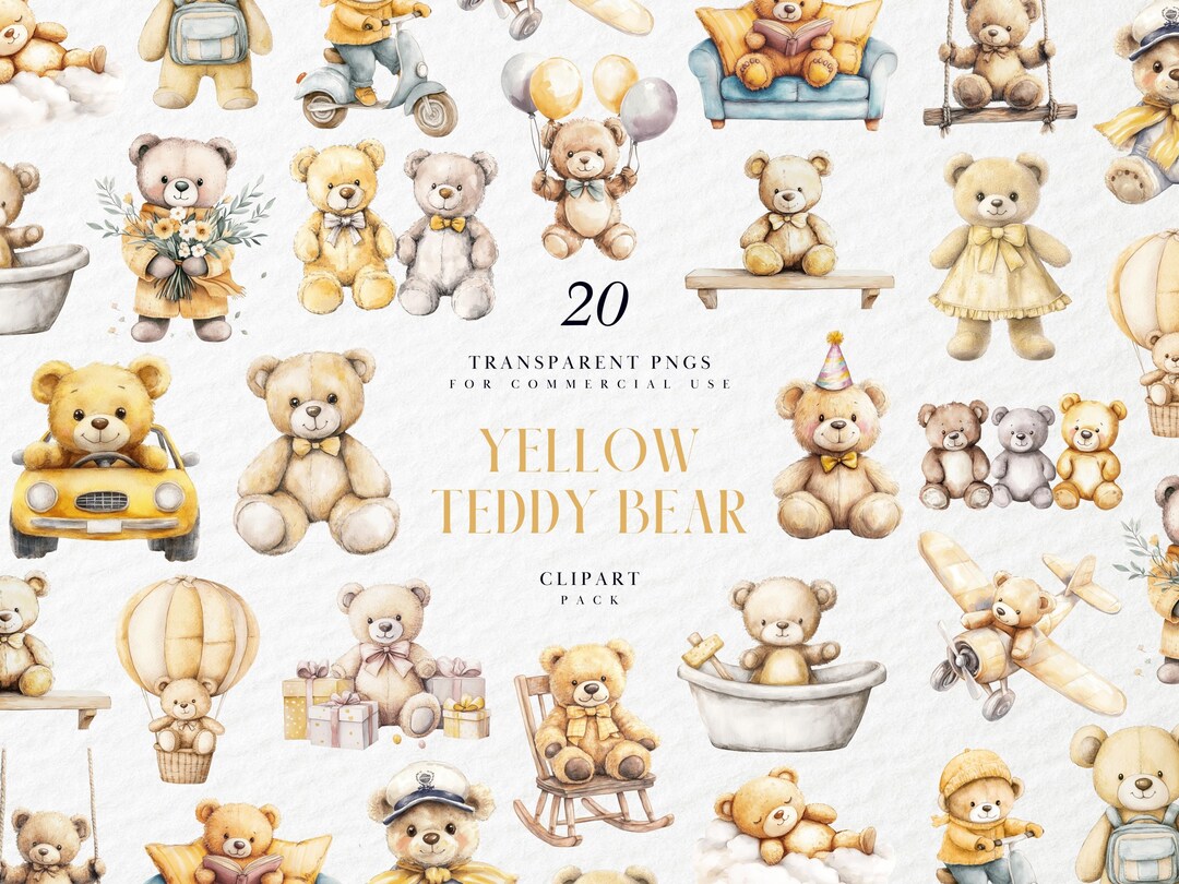 Watercolor Yellow Teddy Bear Clipart, Soft Boho Toy, Baby Shower Decor ...