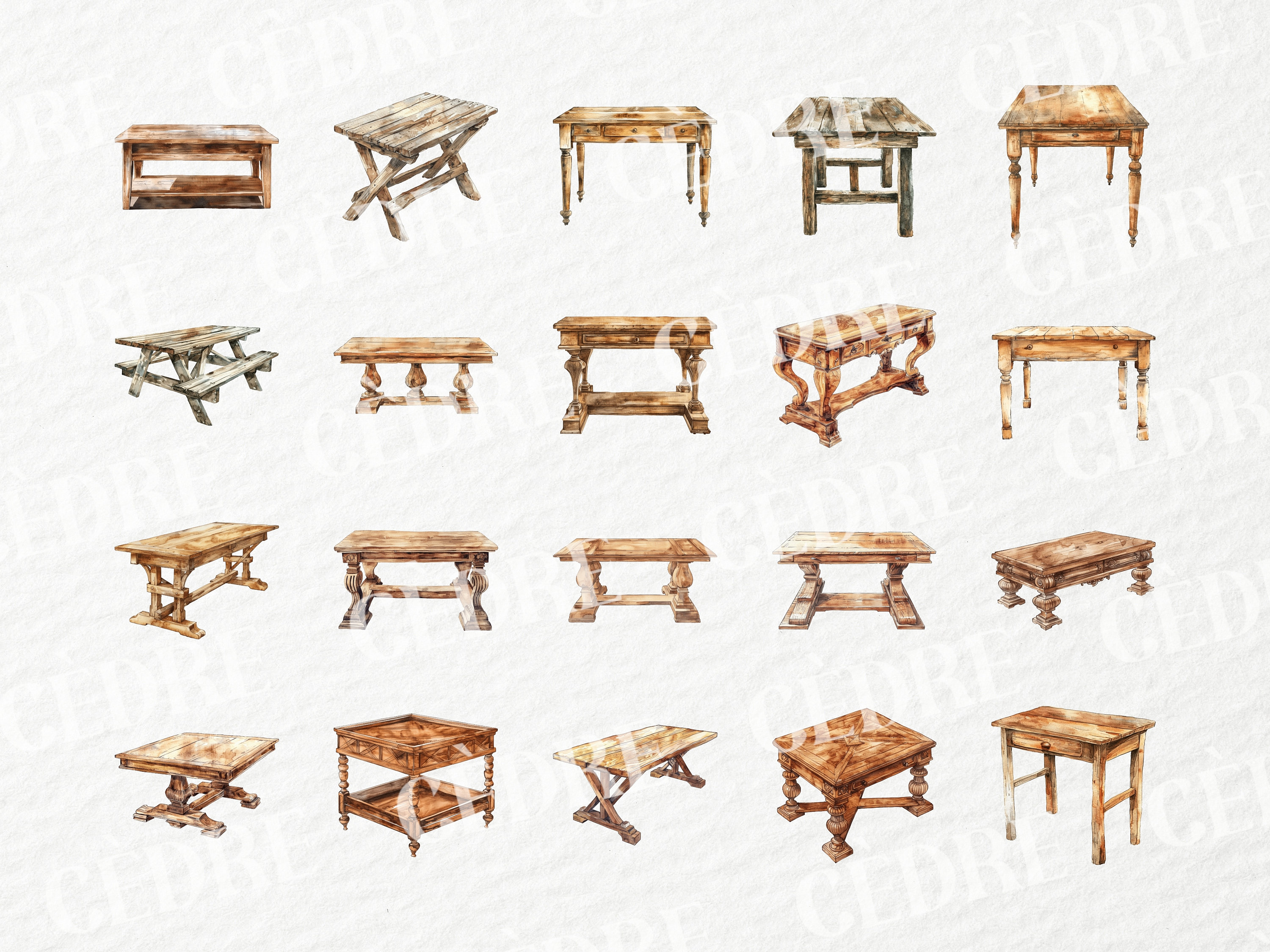 Watercolor Old Wood Table Clipart, Vintage Wooden Table Clipart, Picnic ...