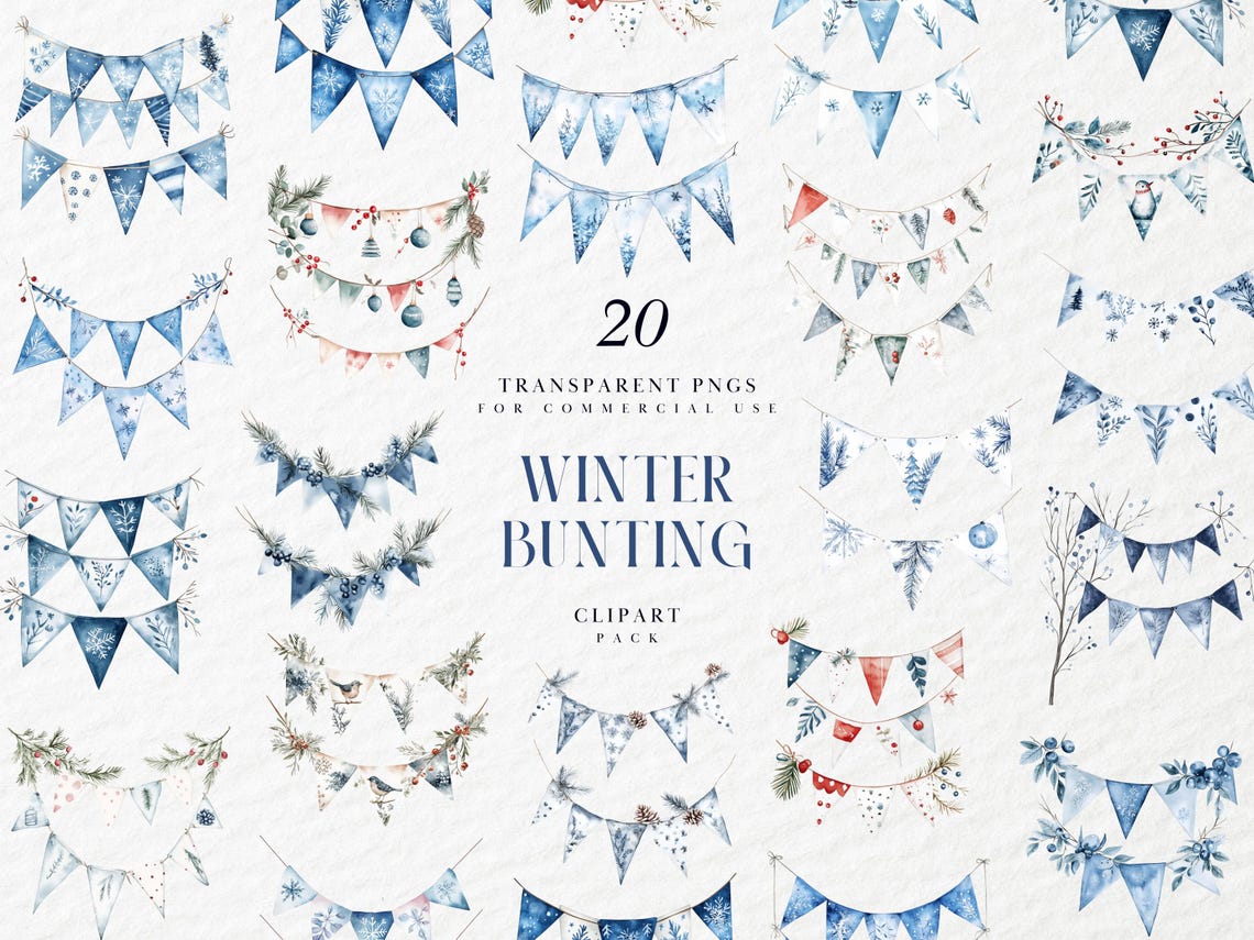 Watercolor Winter Bunting Clipart, Festive Triangle Garland Banner ...