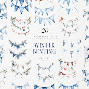 Watercolor Winter Bunting Clipart, Festive Triangle Garland Banner ...