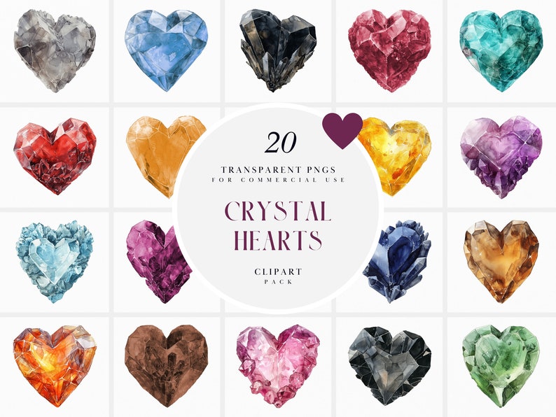 Watercolor Crystal Hearts Clipart, Crystal Heart Diamond Clipart, Heart ...