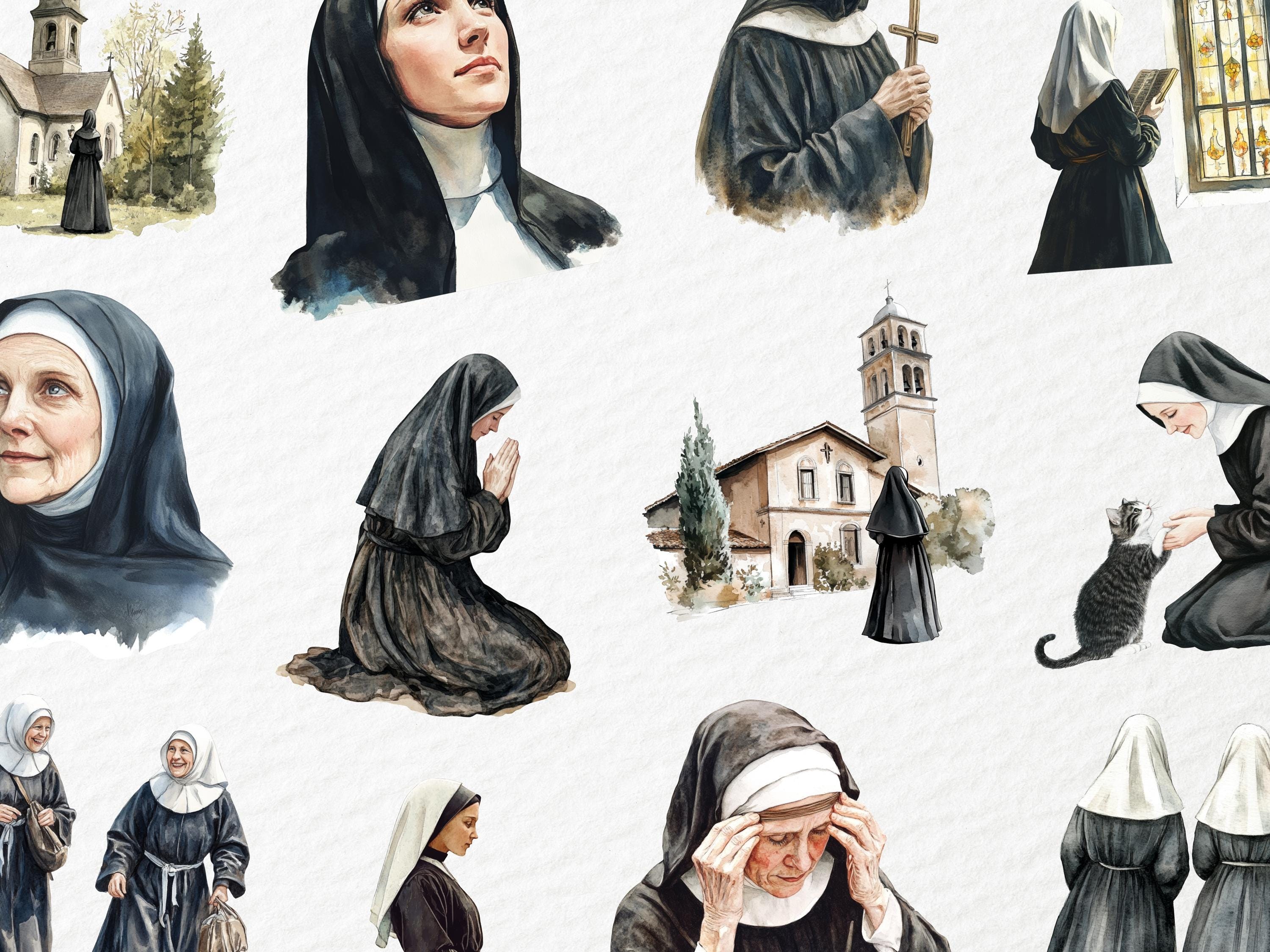 Watercolor Nun Clipart, Nuns, Prayer, Holy Bible, Catholic Saint Icon ...