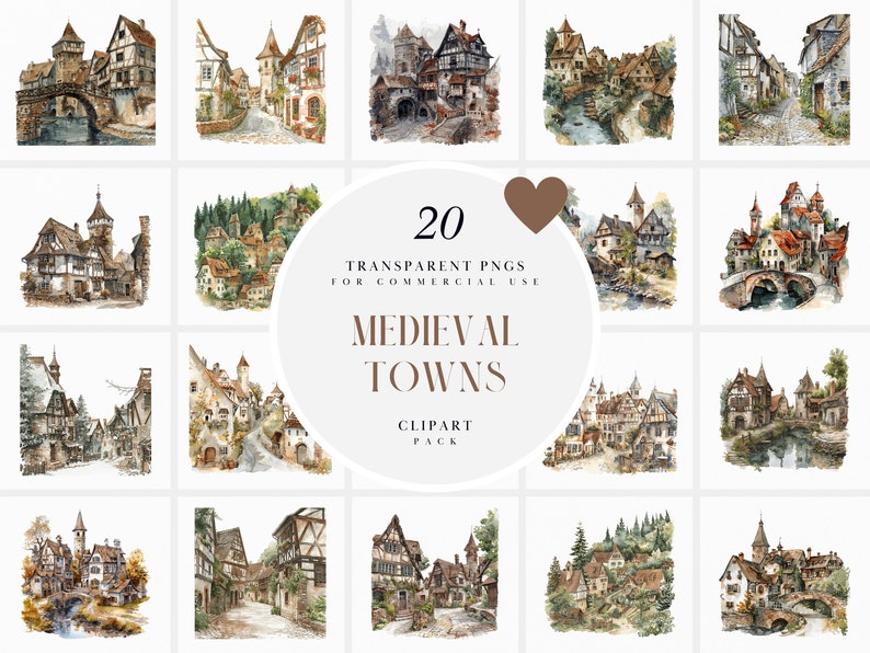 Watercolor Medieval Town Clipart, European Towns Clipart, Middle Ages ...