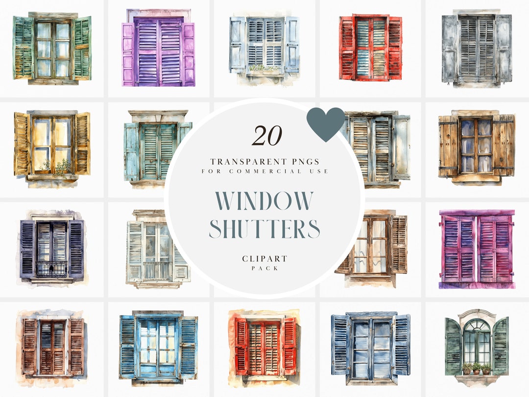 Watercolor Window Shutters Clipart, Plantation Shutter, California, Window Blinds, Open, Closed ...