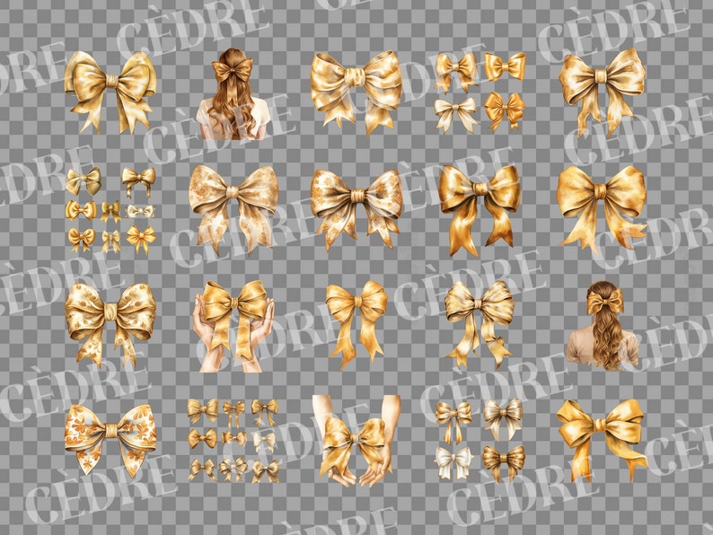 Watercolor Gold Bow Clipart, Golden Hair Bows Clipart, Gold Ribbon ...