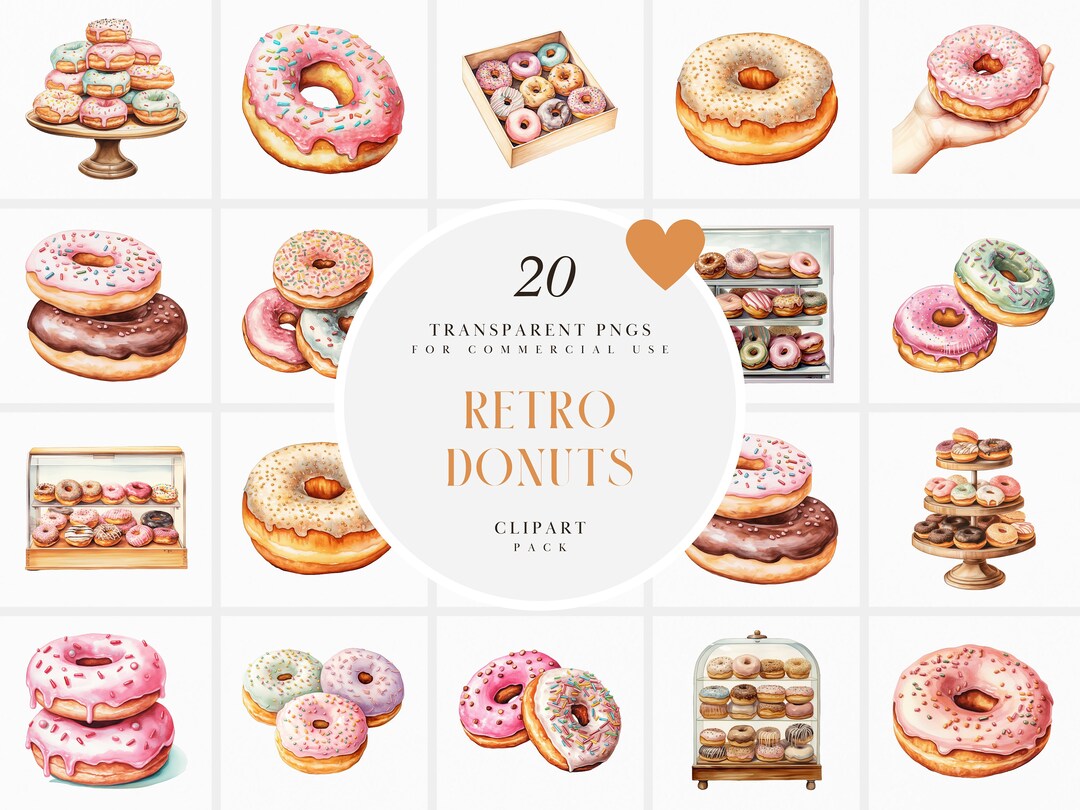 Watercolor Retro Donuts Clipart, Vintage Donut Shop, Baked Goods ...