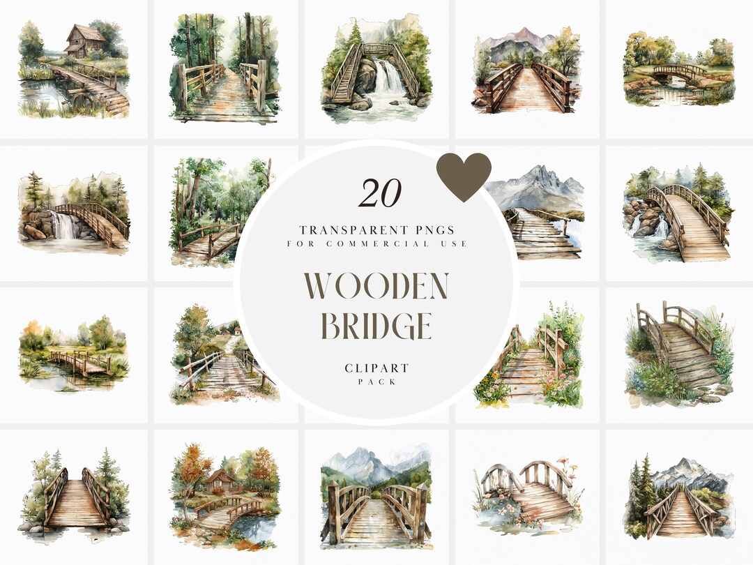 Watercolor Wooden Bridge Clipart, Wood Bridges Clipart, Old Rustic ...