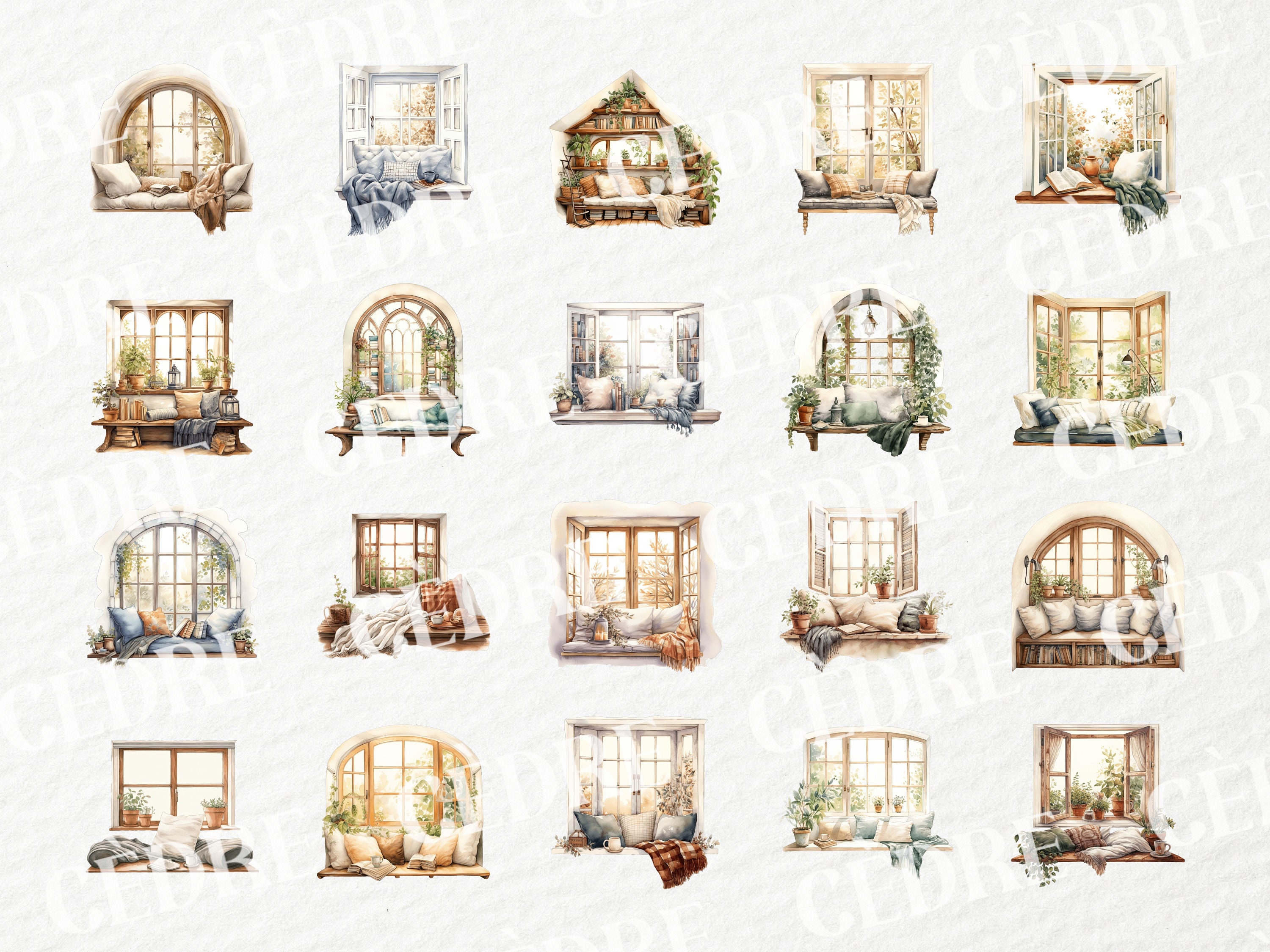 Watercolor Window Seat Clipart, Cozy Window Seats Clipart, Reading Nook ...
