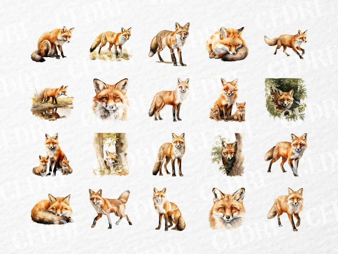 Watercolor Red Fox Clipart, Red Foxes Clipart, Woodland Fox Clipart ...