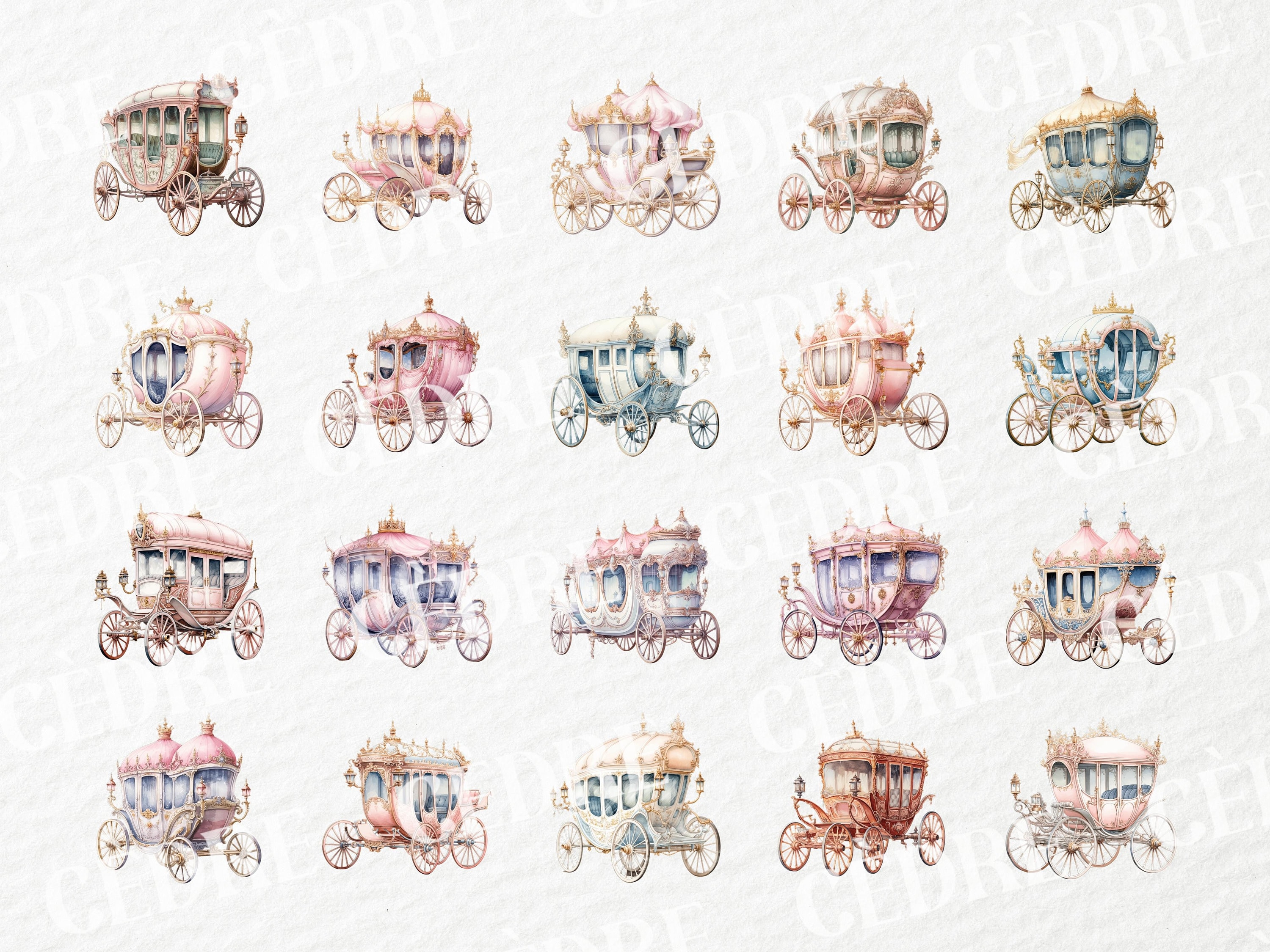 Watercolor Pastel Carriage Clipart, Fairytale Princess Pastel Carriages ...