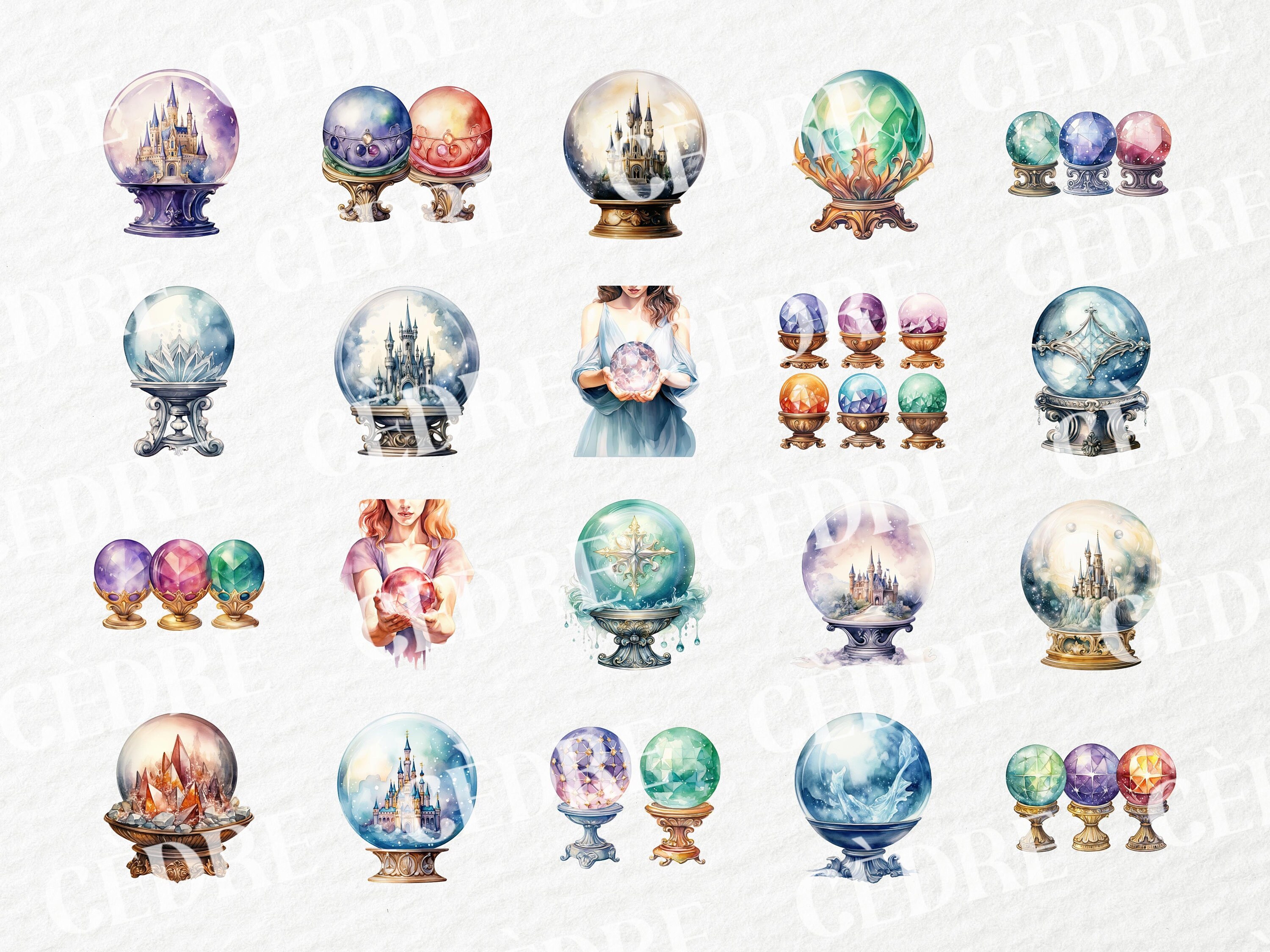Watercolor Pastel Crystal Ball Clipart, Spooky Crystal Balls Clipart ...