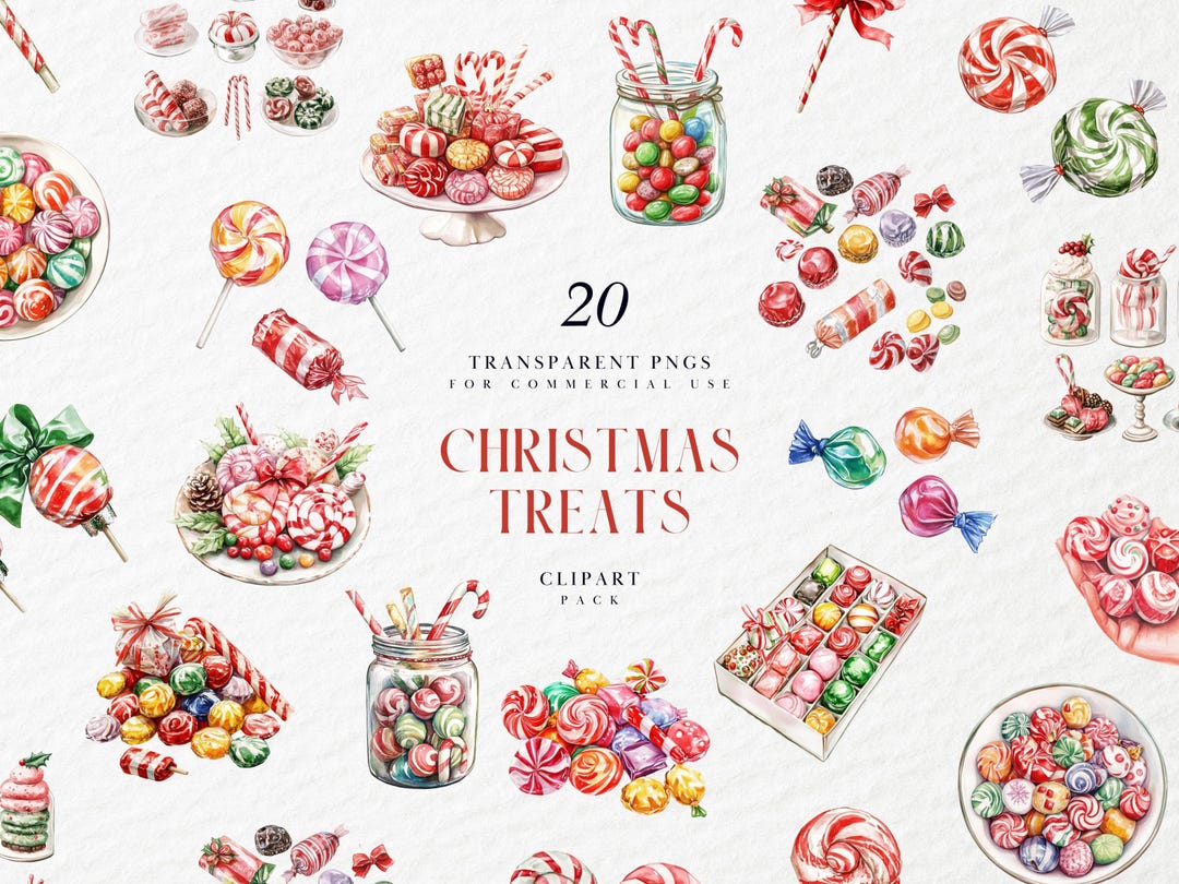 Watercolor Christmas Sweets Clipart, Xmas Sweet Candy, Lollipop, Wrap ...
