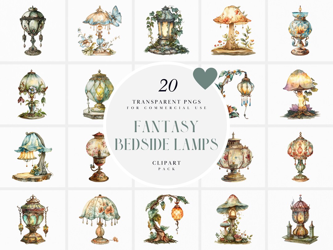 Watercolor Fantasy Bedside Lamps Clipart, Fantasy Oil Lamps Clipart ...