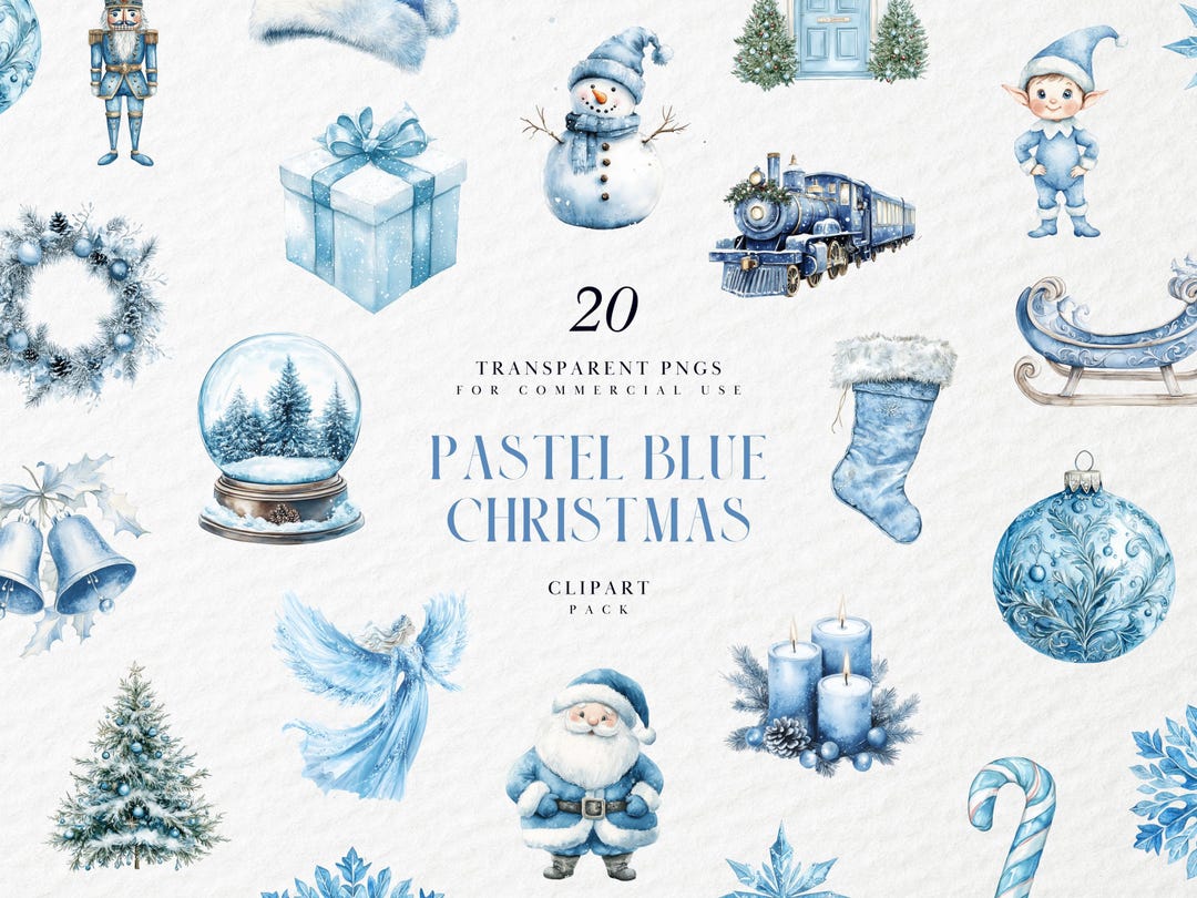 Watercolor Pastel Blue Christmas Clipart, Elements, Elf Santa, Tree ...
