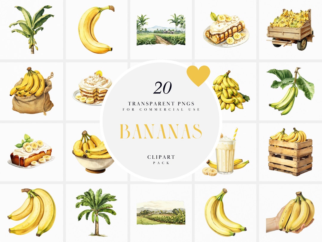 Watercolor Bananas Clipart, Yellow Banana Clipart, Fresh Tropical Fruit ...