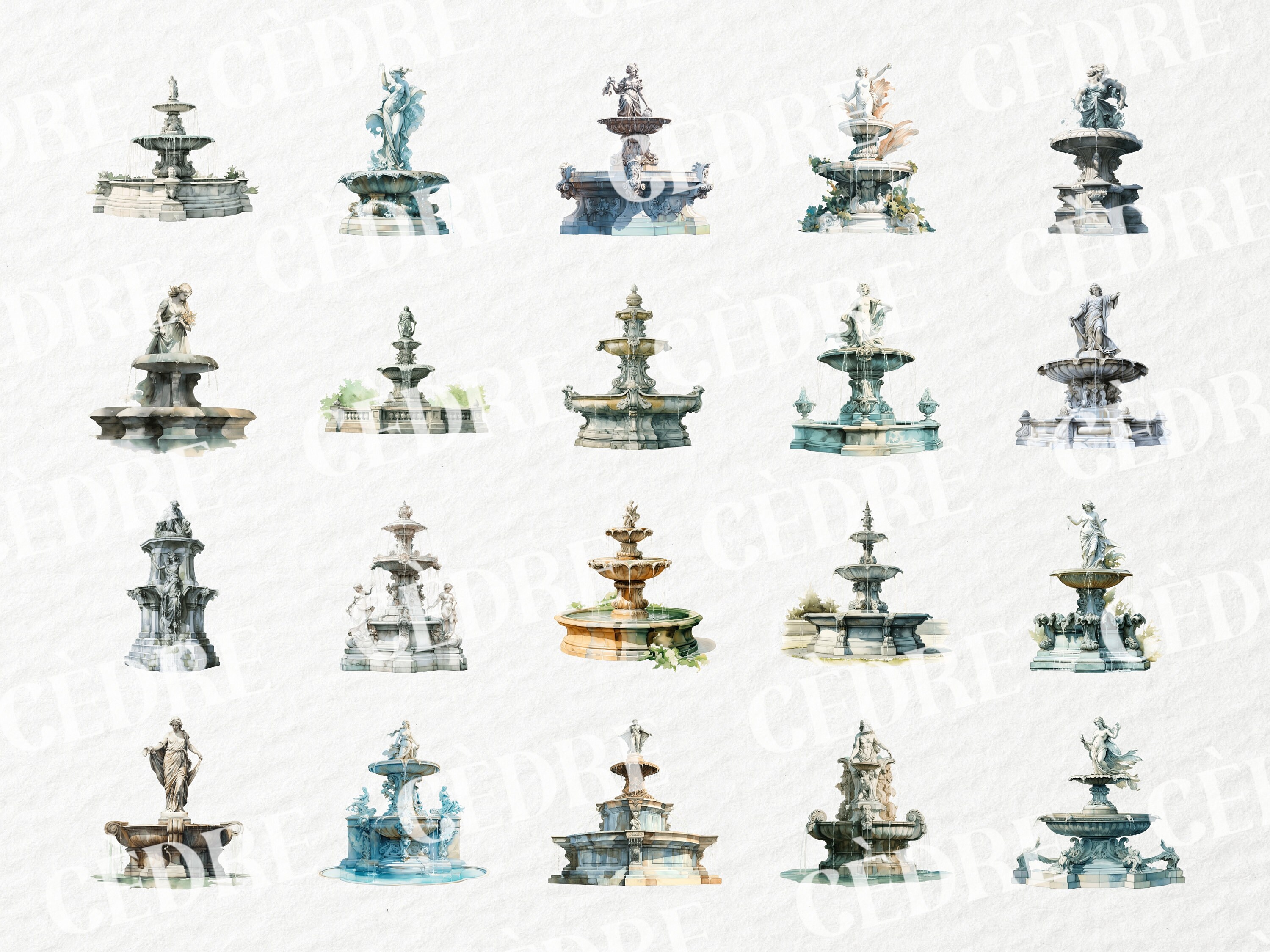Watercolor Stone Water Fountain Clipart, Antique Greek Fountain Clipart ...