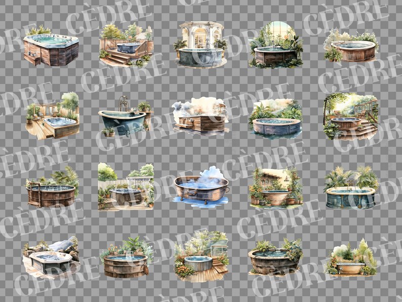 Watercolor Hot Tub Clipart, Backyard Hot Tubs Clipart, Outdoor Bath ...
