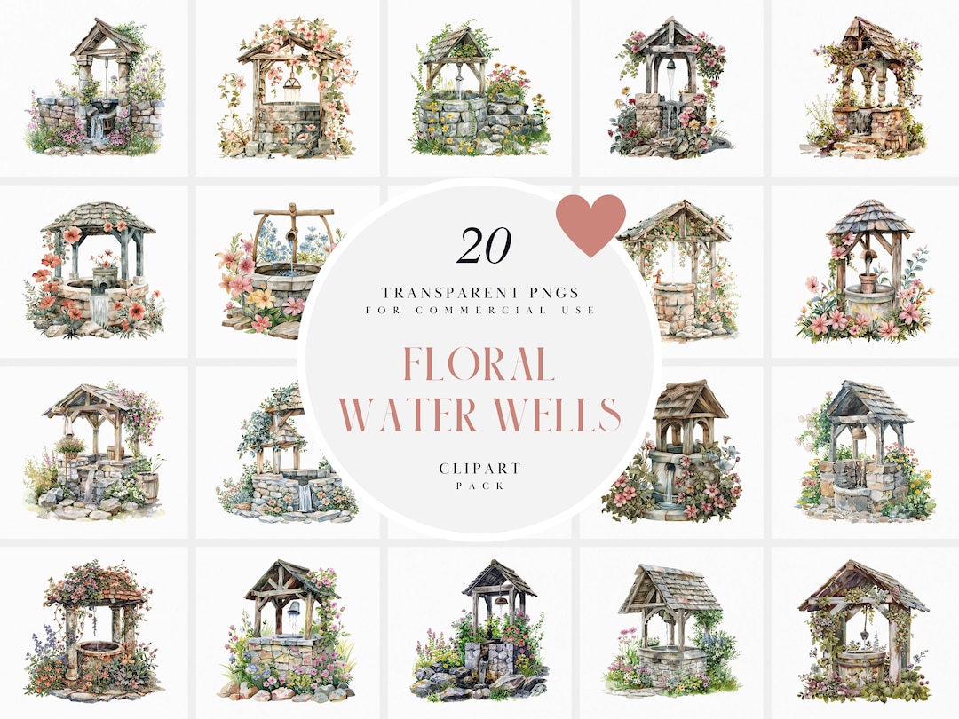 Watercolor Floral Well Clipart, Floral Water Wells Clipart, Summer ...