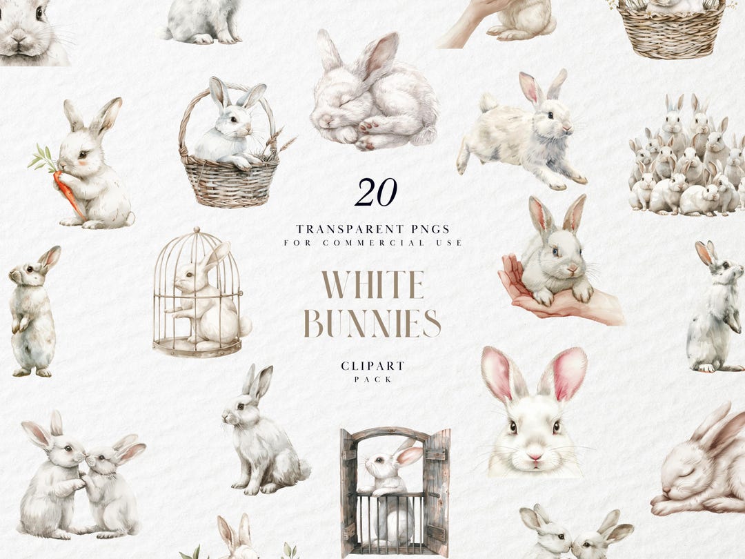 Watercolor White Bunny Clipart, Cute White Bunnies Clipart, Jumping ...