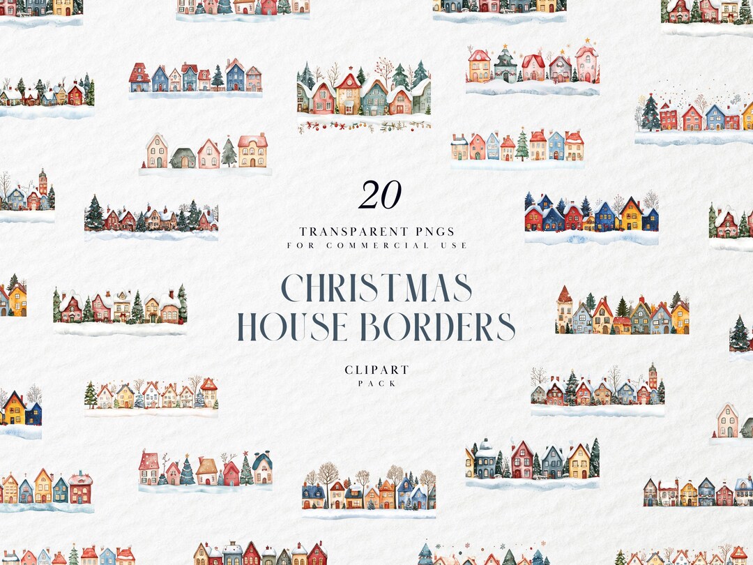 Watercolor Christmas House Border Clipart, Wide Horizontal Banner ...