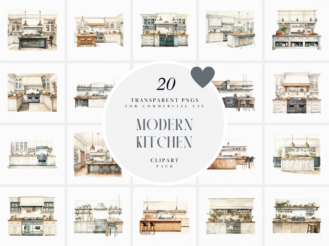 Watercolor Modern Kitchen Clipart, Clean Commerical Kitchen Clipart ...