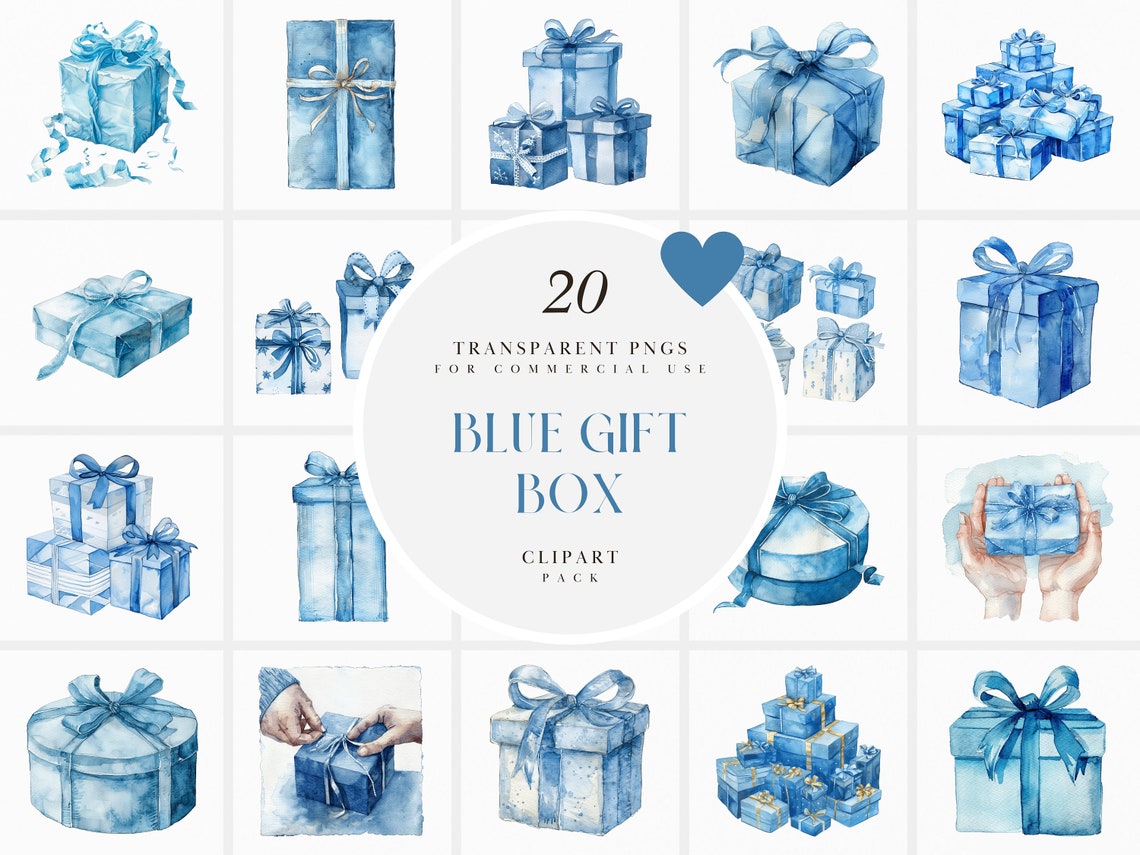 Watercolor Blue Gift Box Clipart, Blue Present Clipart, Wrapped Gift ...