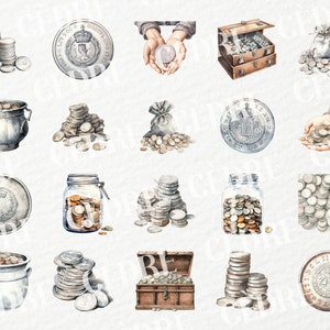Watercolor Silver Coins Clipart, Lucky Coin Clipart, Cash Currency ...
