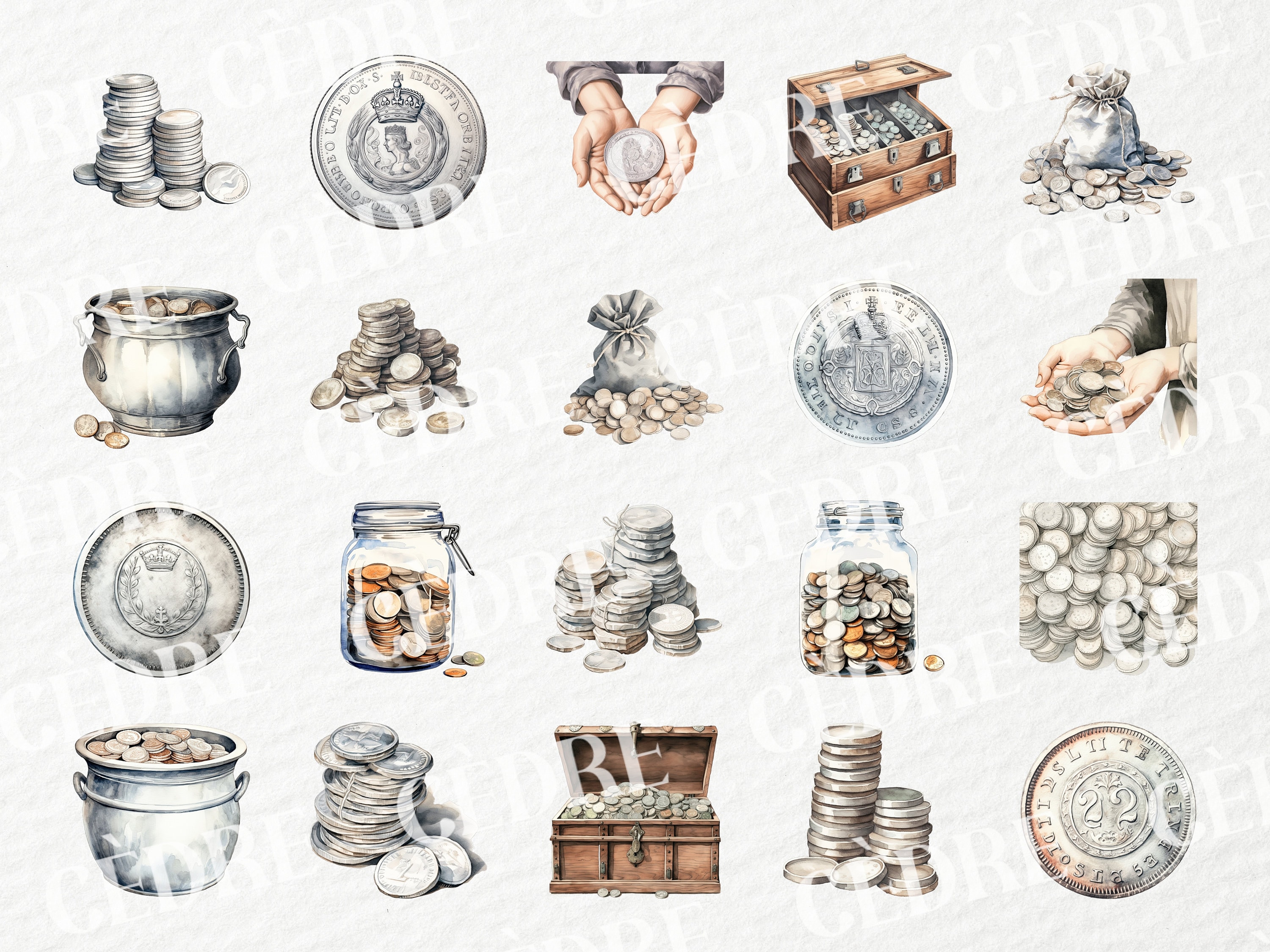 Watercolor Silver Coins Clipart, Lucky Coin Clipart, Cash Currency ...