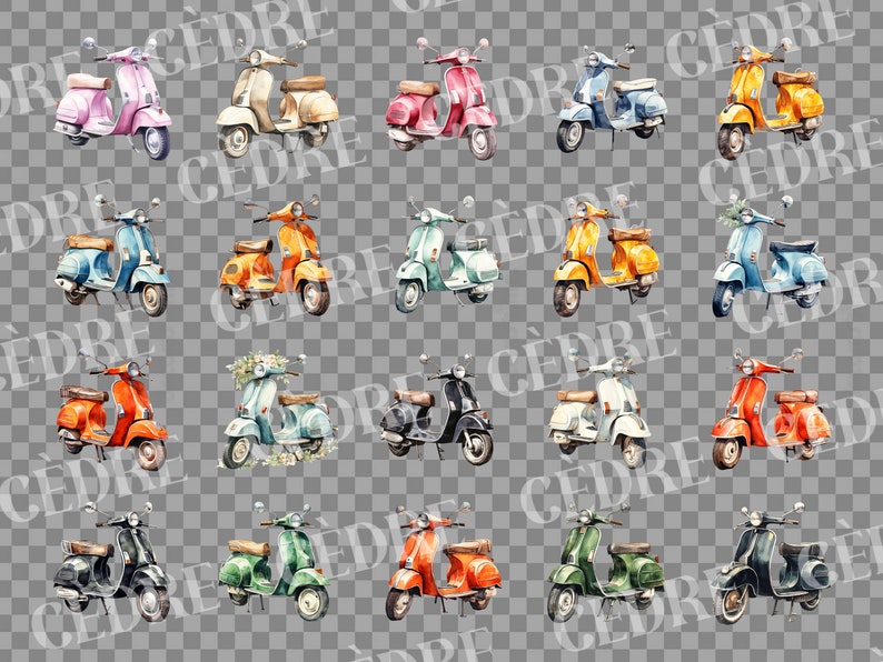 Watercolor Vespas Clipart, Italian Vespa Clipart, Electric Scooter ...