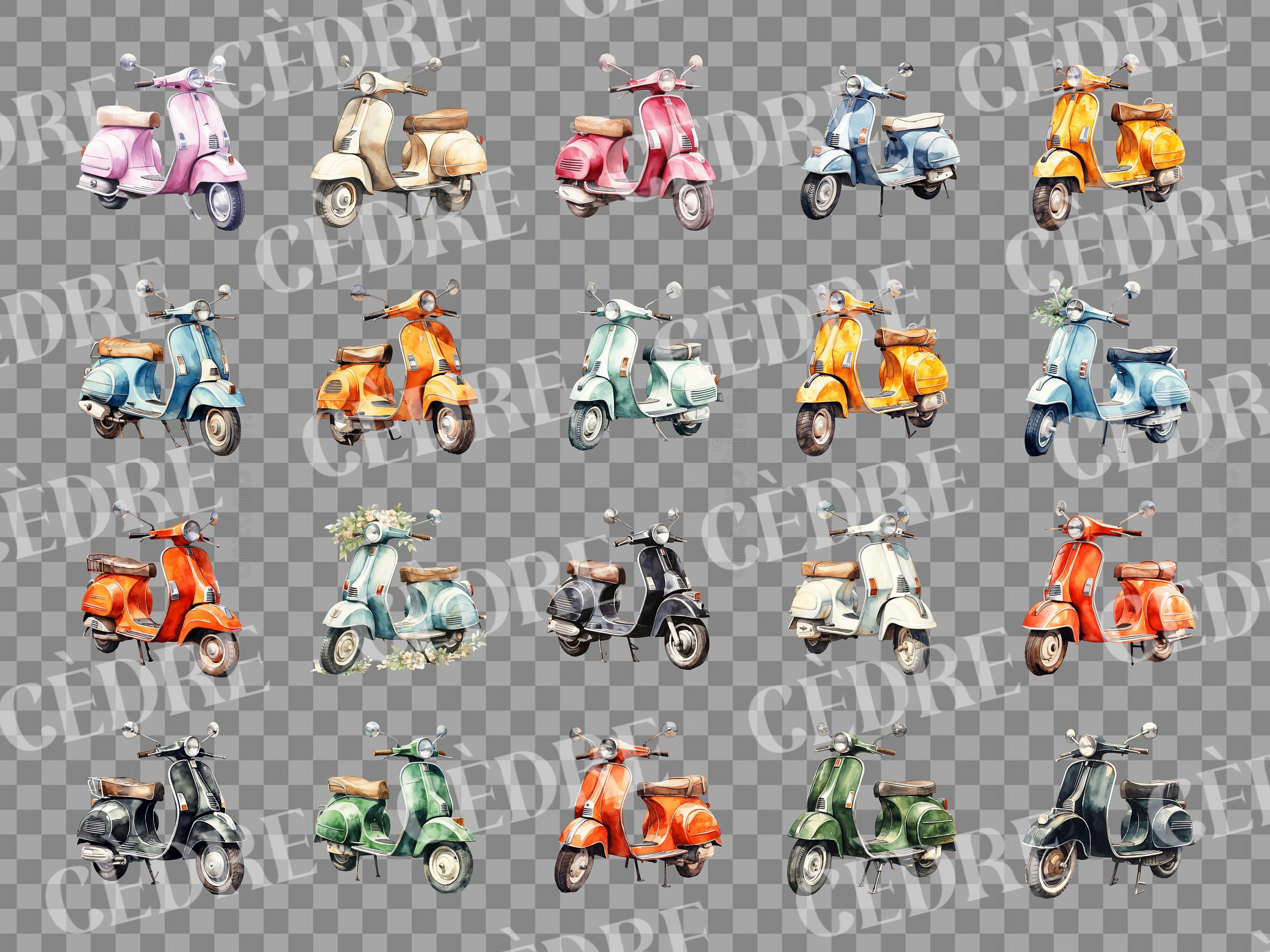 Watercolor Vespas Clipart, Italian Vespa Clipart, Electric Scooter ...
