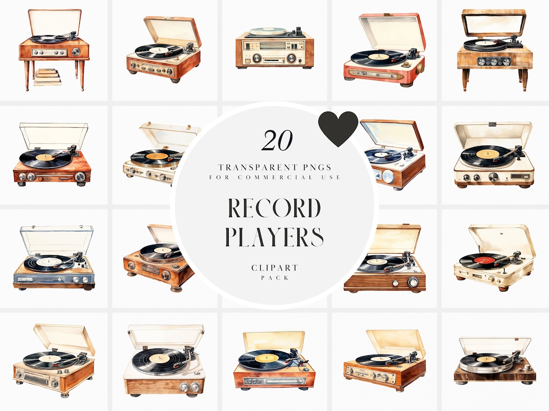 Watercolor Retro Vinyl Record Player Clipart, Vintage Record Players ...