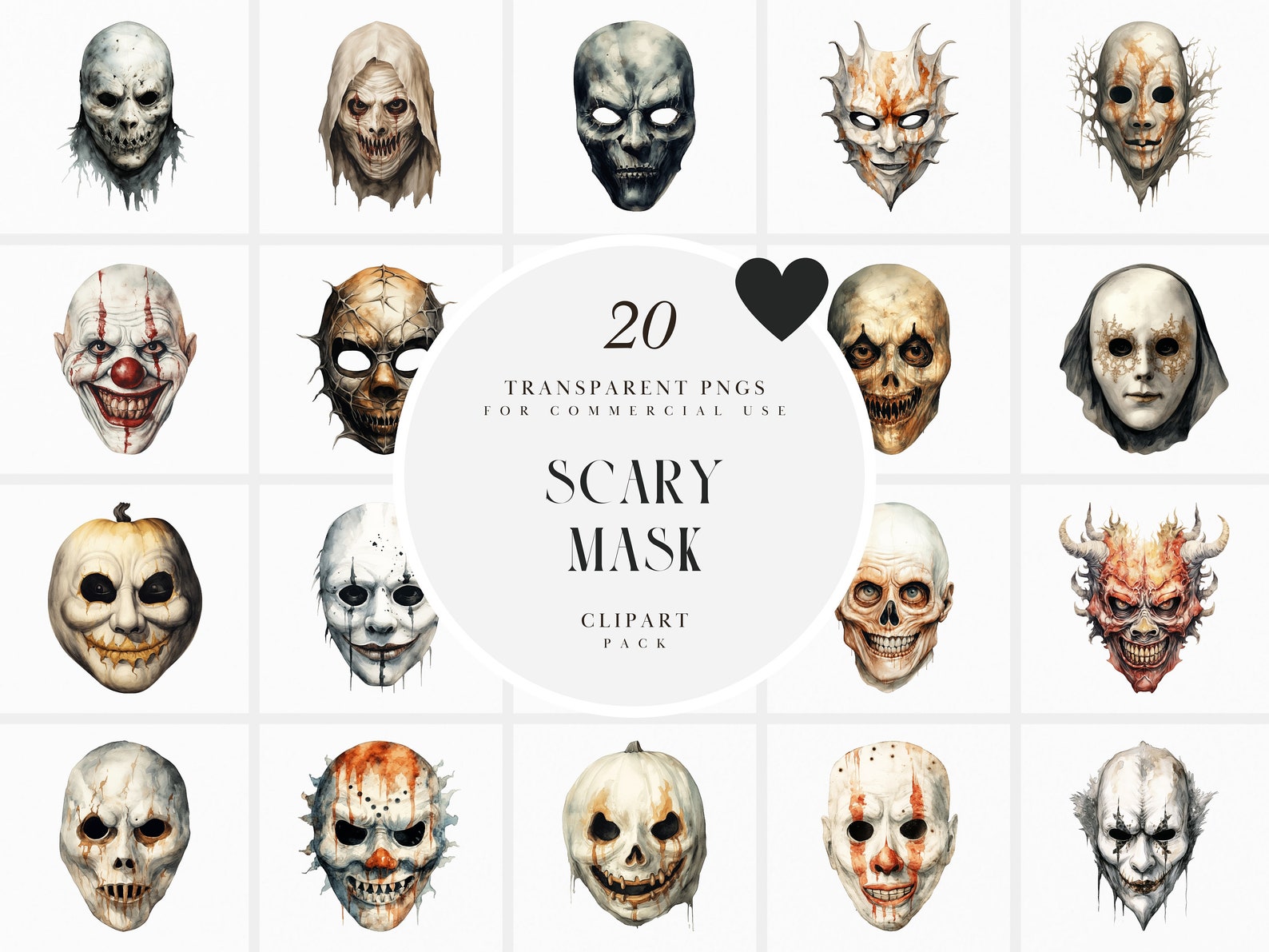 Watercolor Scary Mask Clipart, Spooky Masks Clipart, Halloween Mask ...