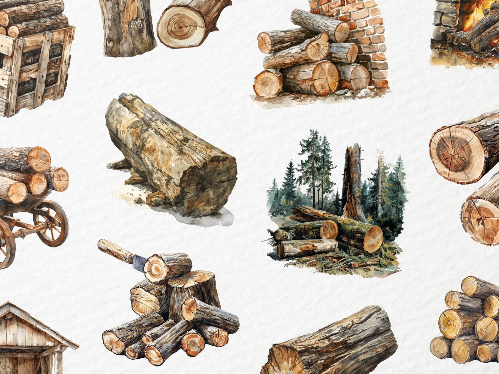 Watercolor Wood Log Cabin Clipart, Rustic Wooden Logs, Lumber, Firewood ...