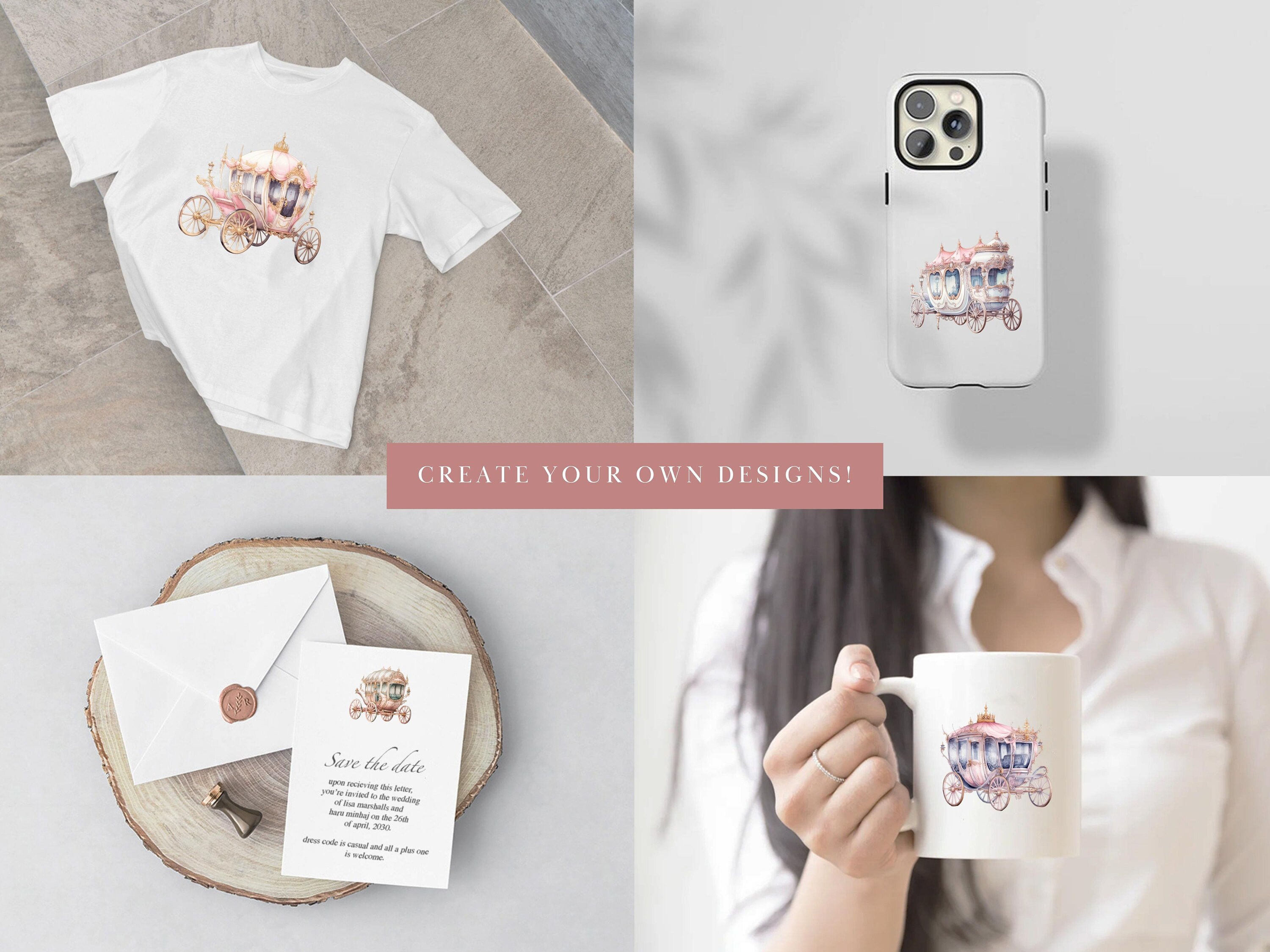 Watercolor Pastel Carriage Clipart, Fairytale Princess Pastel Carriages ...