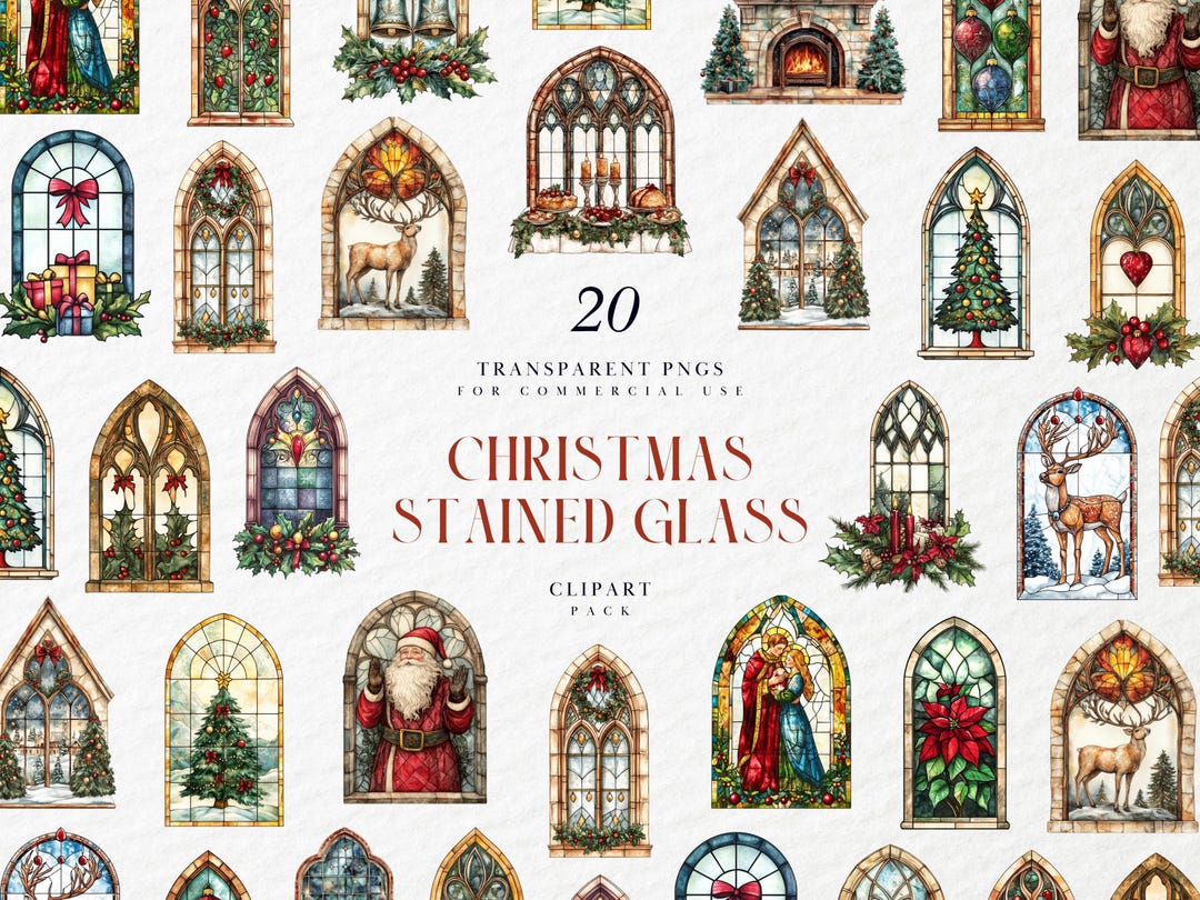 Watercolor Christmas Stained Glass Clipart, Festive Mosaic Holiday ...