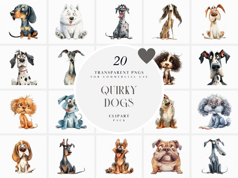 Watercolor Quirky Dogs Clipart, Cute Funny Dogs Clipart, Whimsical ...