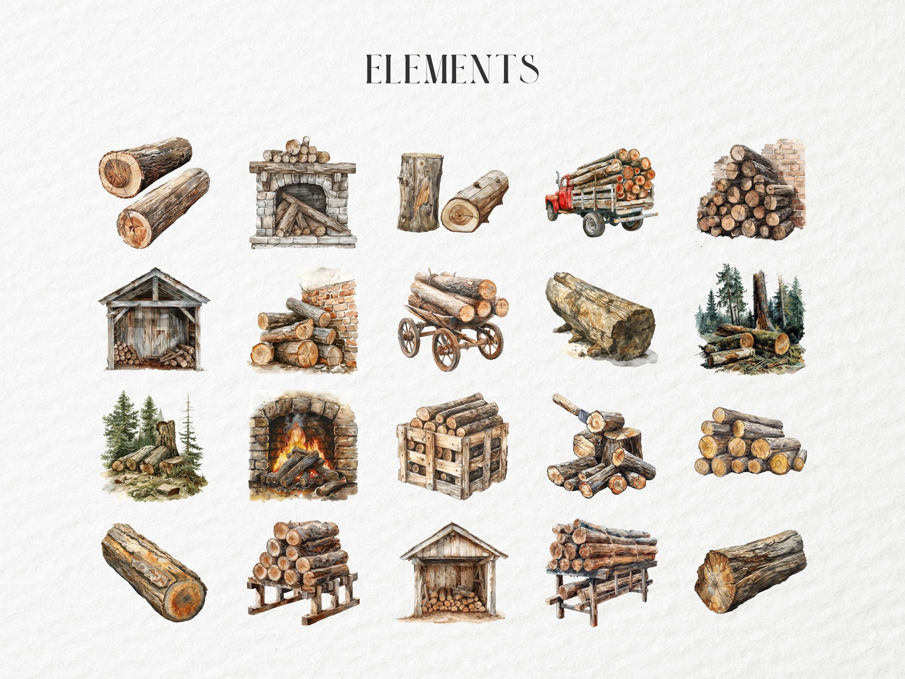 Watercolor Wood Log Cabin Clipart, Rustic Wooden Logs, Lumber, Firewood ...