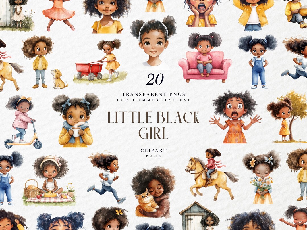 Watercolor Little Black Girl Clipart, Adorable Afro American Kids, Back ...