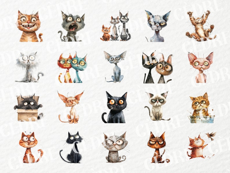Watercolor Quirky Cats Clipart, Cute Funny Cats Clipart, Whimsical ...