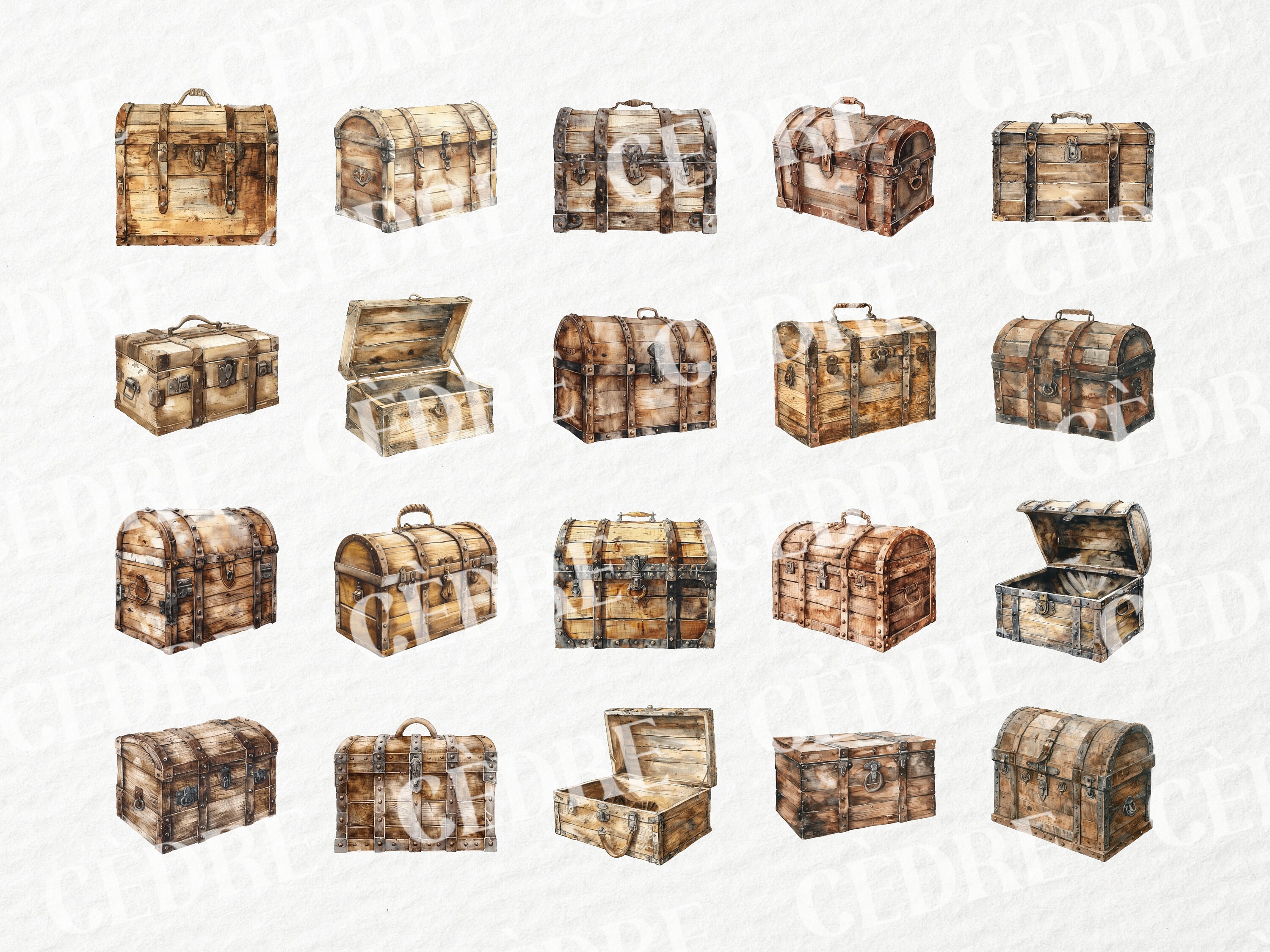 Watercolor Wooden Chest Clipart, Old Wood Chests Clipart, Rustic Box ...