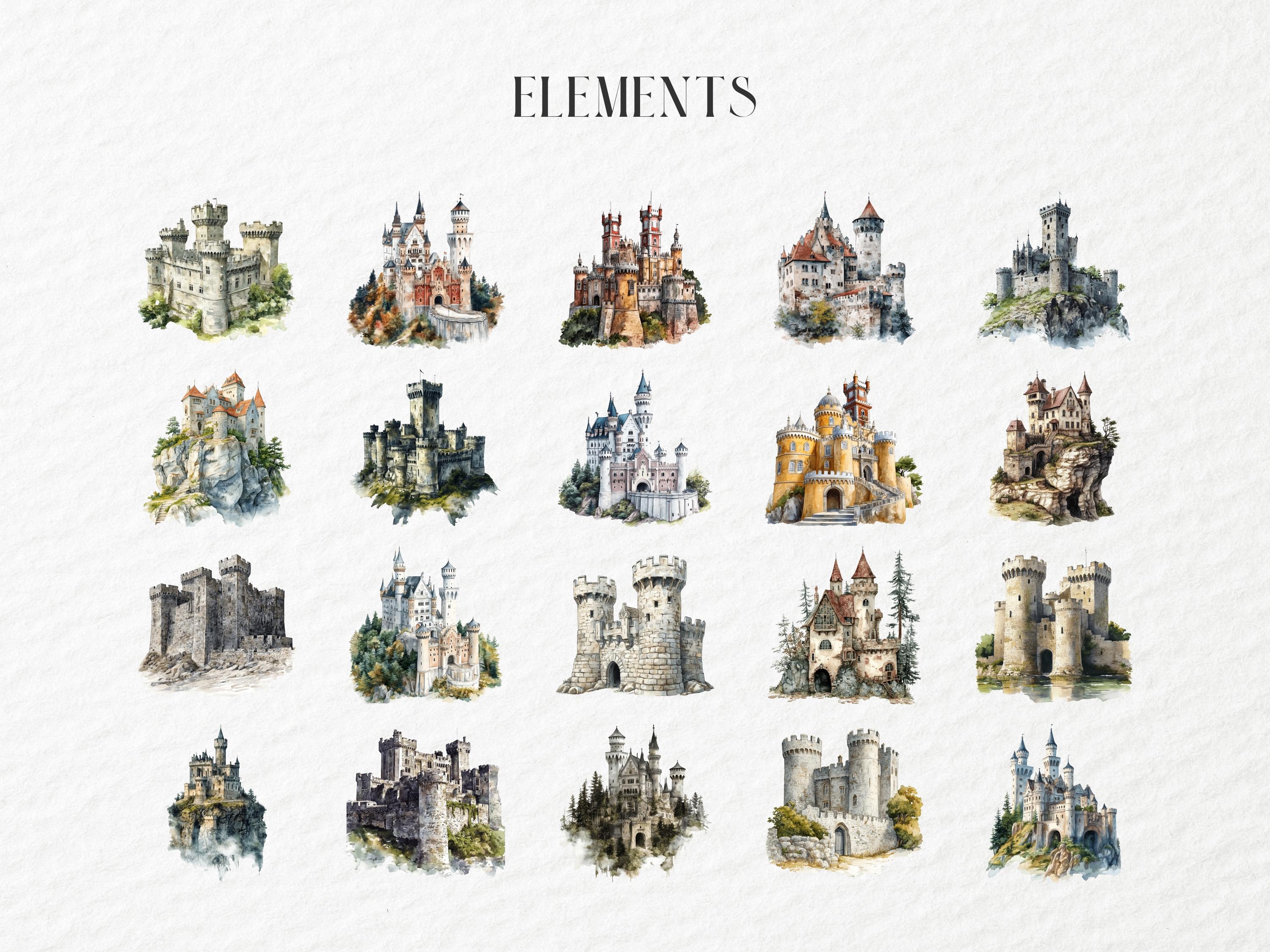 Watercolor Medieval Fort Clipart, European Royal Forts, Middle Ages ...