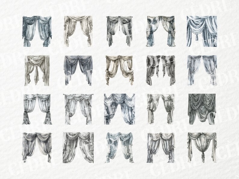 Watercolor Gray Drapes Clipart, Window Drape Clipart, Card Making ...